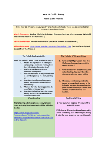 Extract from The Prelude One Page Worksheet | Teaching Resources