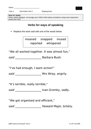 Year 4 English/ Literacy Home Learning Pack (48 sheets) including ...