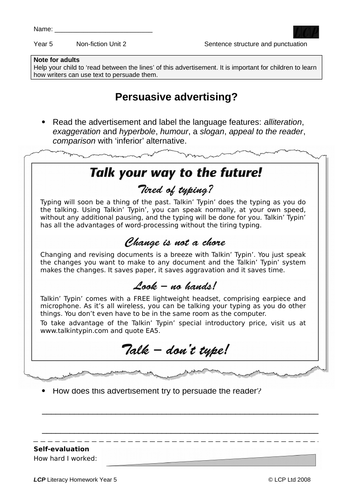 Year 5 English/Literacy Home Learning Pack (44 sheets) includes ...