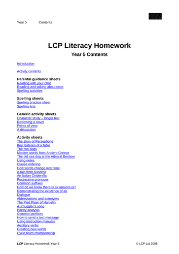 Year 5 English/Literacy Home Learning Pack (44 sheets) includes ...