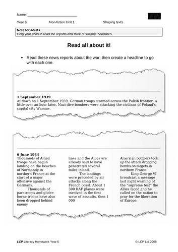 Year 6 English/Literacy Home Learning Pack (46 sheets) including ...