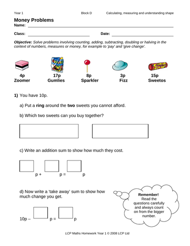 Year 1 Maths Home Learning Pack including (39 sheets) Answers and ...