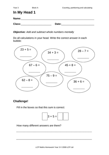 Year 3 Maths Home Learning Pack (45 sheets) including Answers and ...
