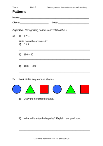 Year 3 Maths Home Learning Pack (45 sheets) including Answers and ...