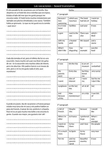 las vacaciones - boxed translation | Teaching Resources