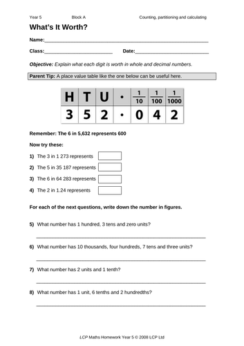 Year 5 Maths Home Learning (56 sheets) includes Answers and Parental ...