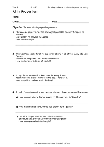 Year 5 Maths Home Learning (56 sheets) includes Answers and Parental ...