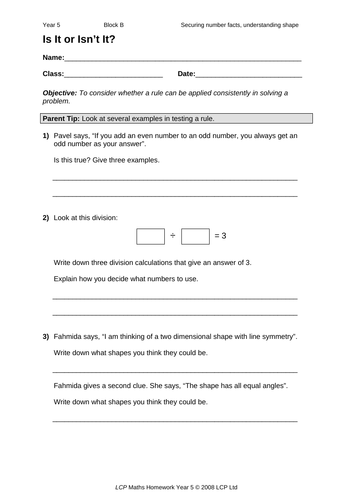 Year 5 Maths Home Learning (56 sheets) includes Answers and Parental ...