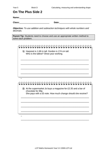 Year 5 Maths Home Learning (56 sheets) includes Answers and Parental ...