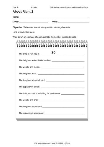 Year 5 Maths Home Learning (56 sheets) includes Answers and Parental ...