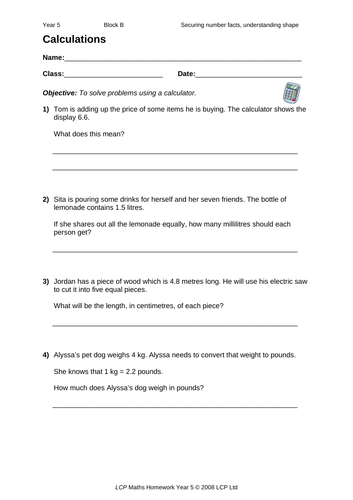 Year 5 Maths Home Learning (56 sheets) includes Answers and Parental ...