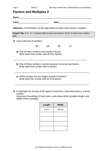 Year 5 Maths Home Learning (56 sheets) includes Answers and Parental ...