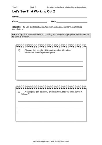 Year 5 Maths Home Learning (56 sheets) includes Answers and Parental ...