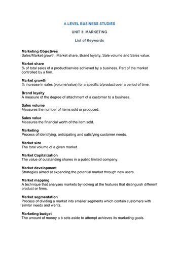 A Level Business Studies keywords - Unit 3 (Marketing) | Teaching Resources A Level Business Studies keywords - Unit 3 (Marketing) | Teaching Resources
