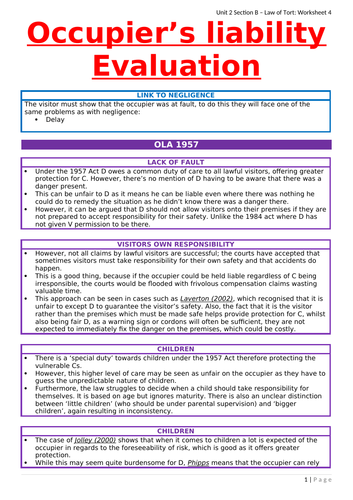 OCR LAW 2017 Spec. Unit 2 – Occupiers' Liability | Teaching Resources