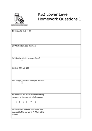KS2 Maths Lower Level Homework Worksheets | Teaching Resources