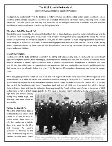 The 1918 Spanish Flu Pandemic - Reading Comprehension Informational ...