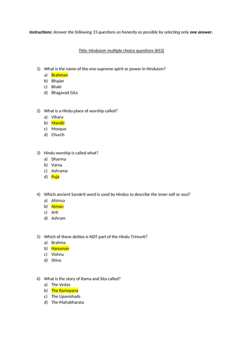 Hinduism multiple choice questions (KS3) | Teaching Resources