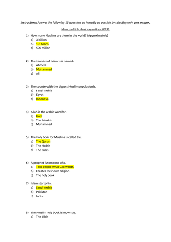Islam multiple choice questions (KS3) | Teaching Resources