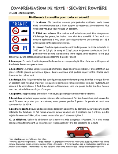 Compréhension et expression écrite : la sécurité routière [road safety ...