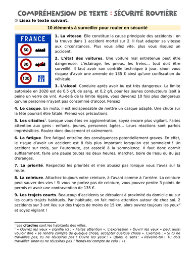 Compréhension et expression écrite : la sécurité routière [road safety ...