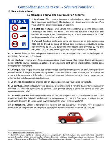 Compréhension et expression écrite : la sécurité routière [road safety ...