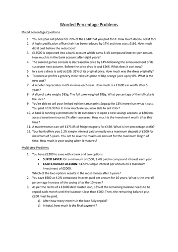 Mixed percentage multiplier problems | Teaching Resources