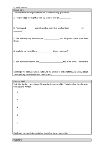 Eva Smith revision worksheet with AOs | Teaching Resources