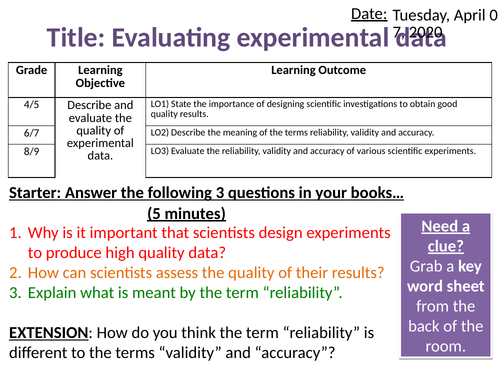 iGCSE Science: Reliability, Accuracy, and Validity Lesson Pack ...