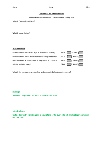 KS3 Drama home/distance learning worksheet: Commedia Dell'Arte Research ...