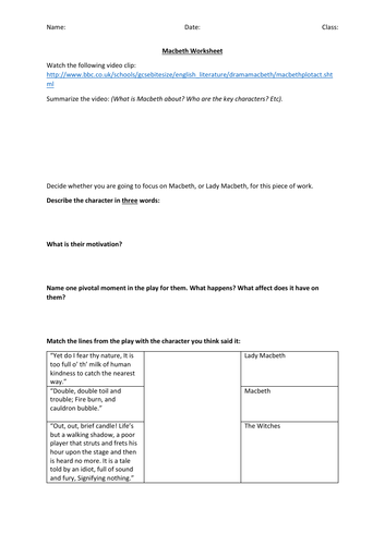 KS3 Drama home/distance learning worksheet: Macbeth Research Worksheet ...