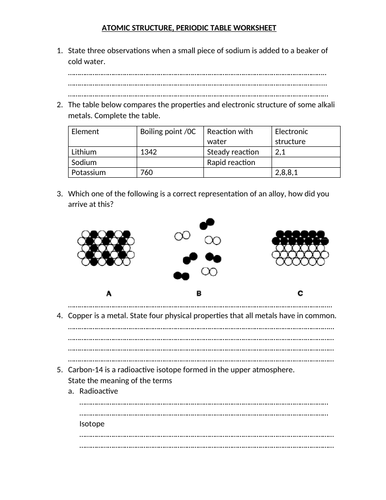 ATOMIC STRUCTURE, PERIODIC TABLE WORKSHEET AND ANSWERS 1 | Teaching ...