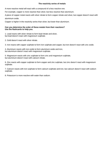 The Reactivity Series | Teaching Resources