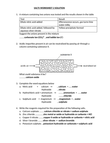 SALTS WORKSHEET AND ANSWERS 5 | Teaching Resources