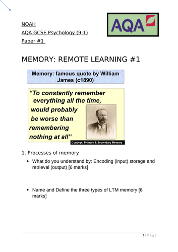 AQA GCSE Psychology Memory, Remote Learning Pack | Teaching Resources