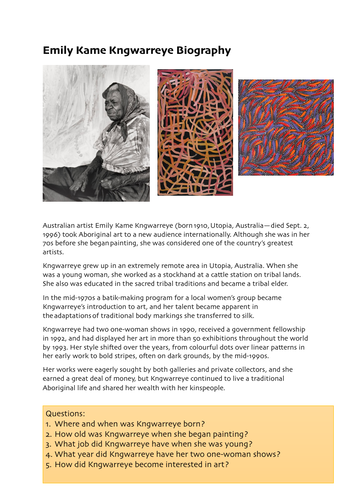Emily Kame Kngwarreye Bio and Worksheet | Teaching Resources