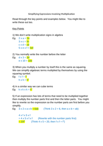 Simplifying Expressions Involving Multiplication - Independent Learning ...