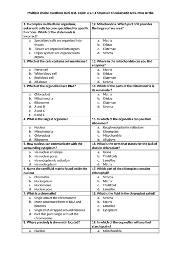 AQA A level Biology Section 2: Cells and immunity MCQ | Teaching Resources