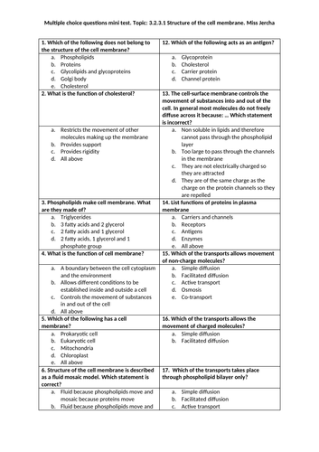 AQA A level Biology Section 2: Cells and immunity MCQ | Teaching Resources