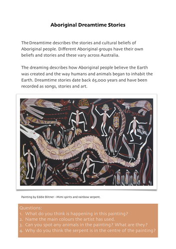 Aboriginal Art Dreamtime Stories Worksheet | Teaching Resources