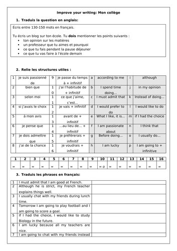 French GCSE mon école: School Scaffolded Writing Task | Teaching Resources