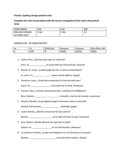 Spelling change preterit conversation worksheet | Teaching Resources