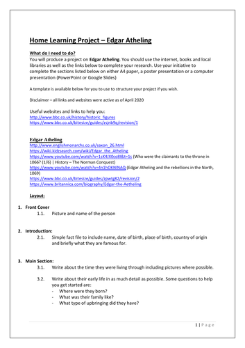 Home Learning Project - Edgar Atheling | Teaching Resources