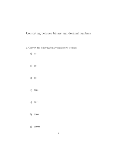 Converting between binary and decimal numbers worksheet (with solutions ...