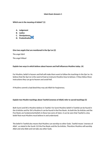 Islam Mock Paper Answers for AQA GCSE R.E Short Course | Teaching Resources