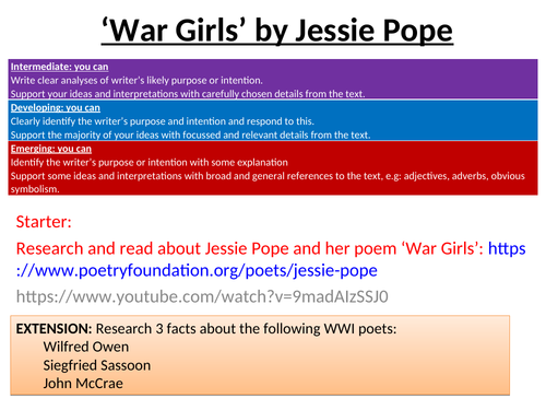 War Girls by Jessie Pope | Teaching Resources