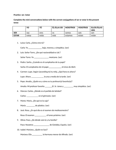 Ser estar conversation worksheet | Teaching Resources