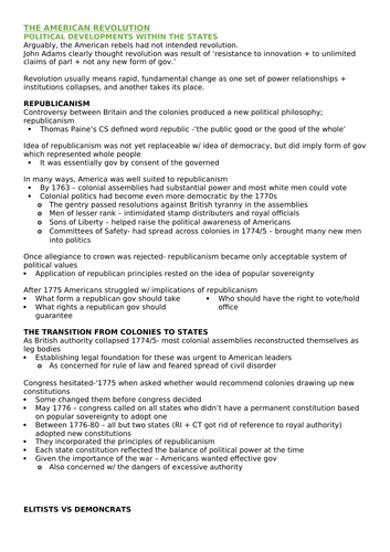 American Revolution Condensed Notes (AQA/OCR) | Teaching Resources
