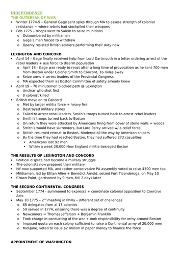 American Revolution Condensed Notes (AQA/OCR) | Teaching Resources