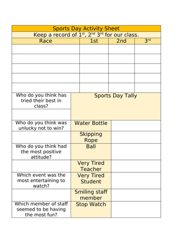 Sports Day Activity Sheet- for students that don't like joining in ...